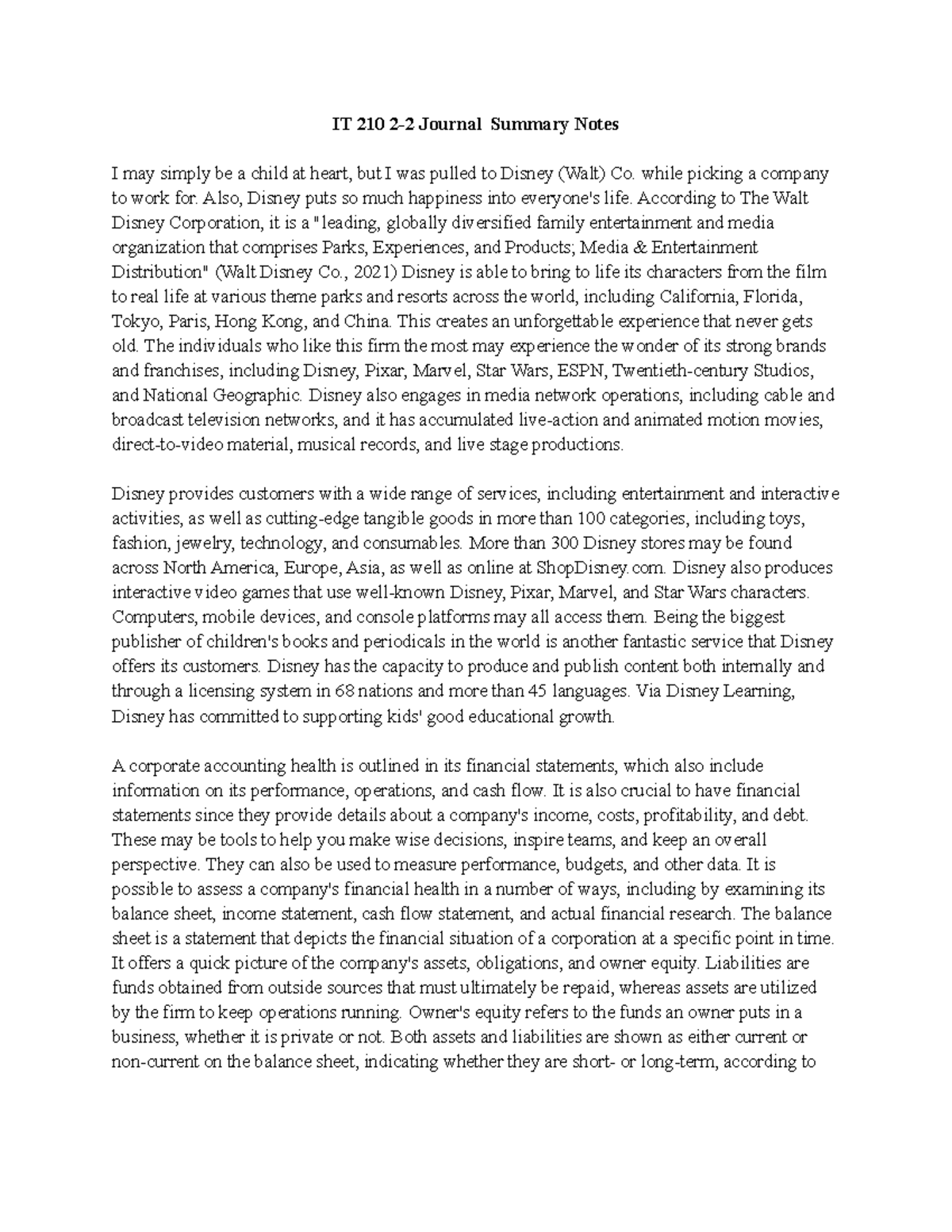 IT 210 2-2 Journal Summary Notes - while picking a company to work for ...