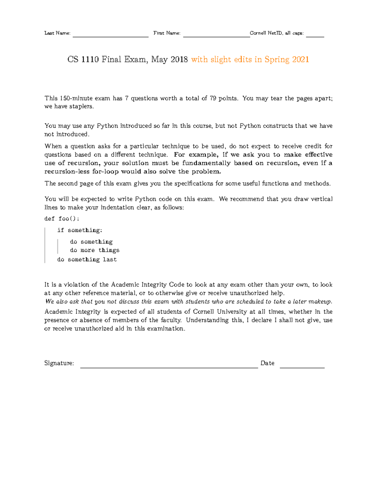 2018 Spring Final Past Finals From Cs 1110 Taught By Professor Anne Bracy And Professor 