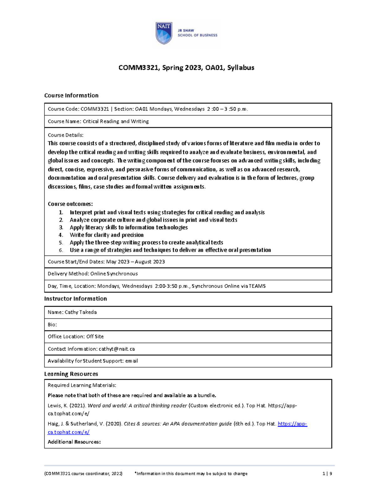 COMM3321 OA01 Spring 2023 Syllabus - Course Information Course Code ...
