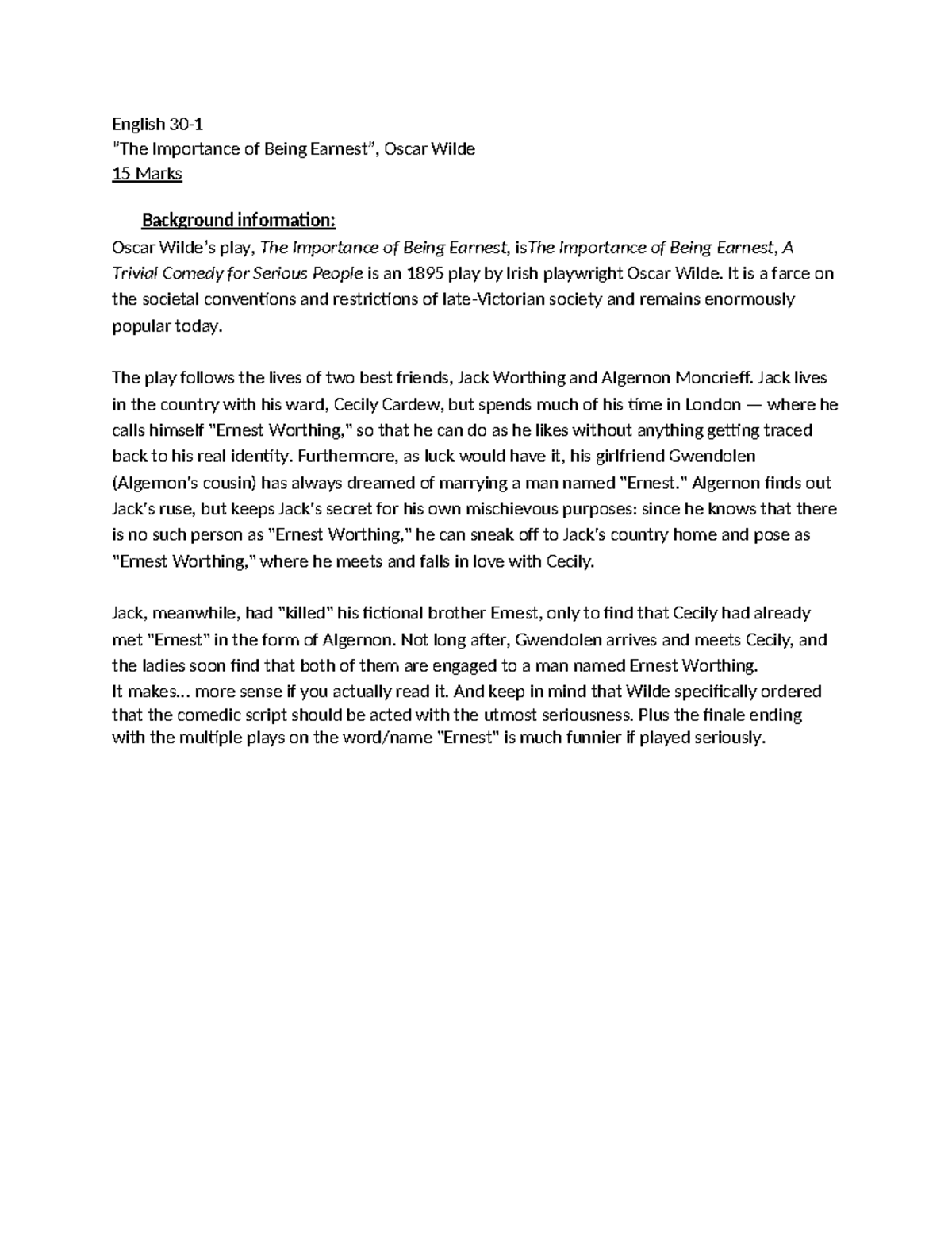 Quote Analysis - Summary English language - English 30- “The Importance ...