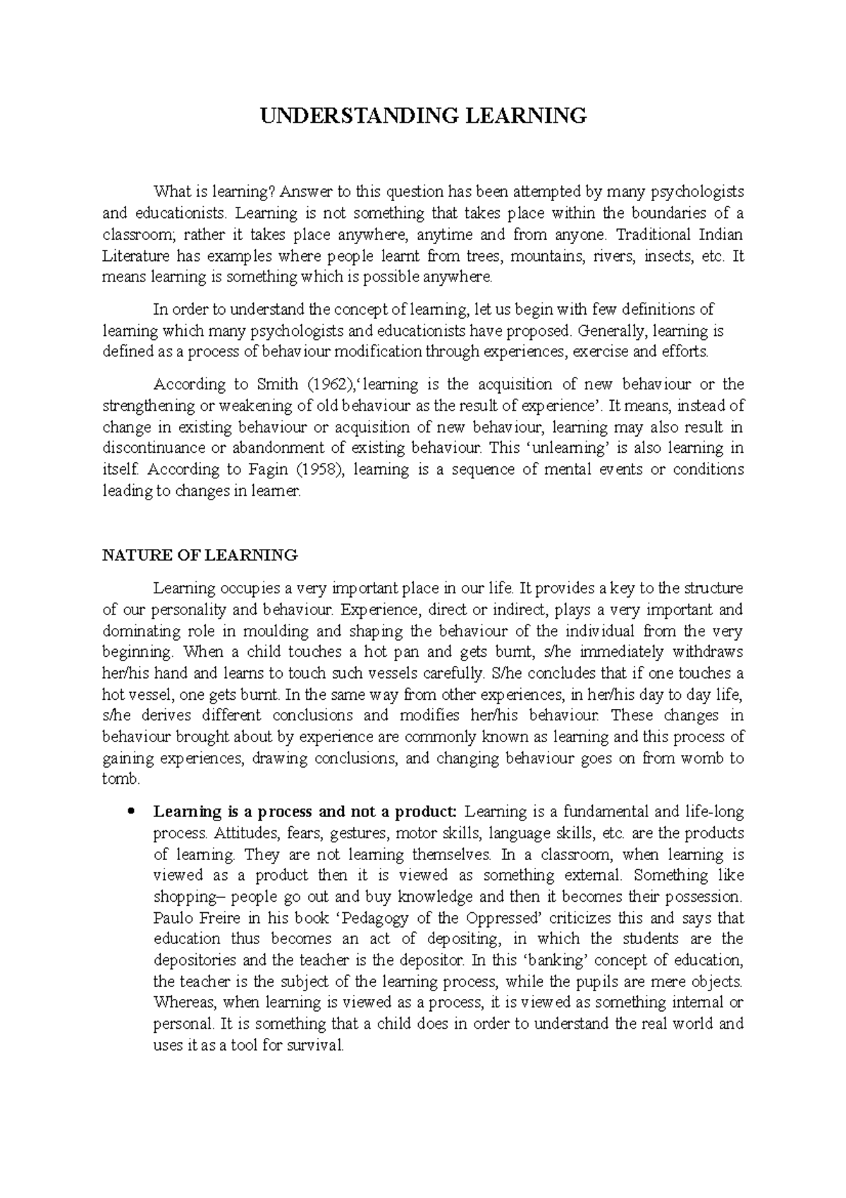 Understanding Learning - UNDERSTANDING LEARNING What is learning ...