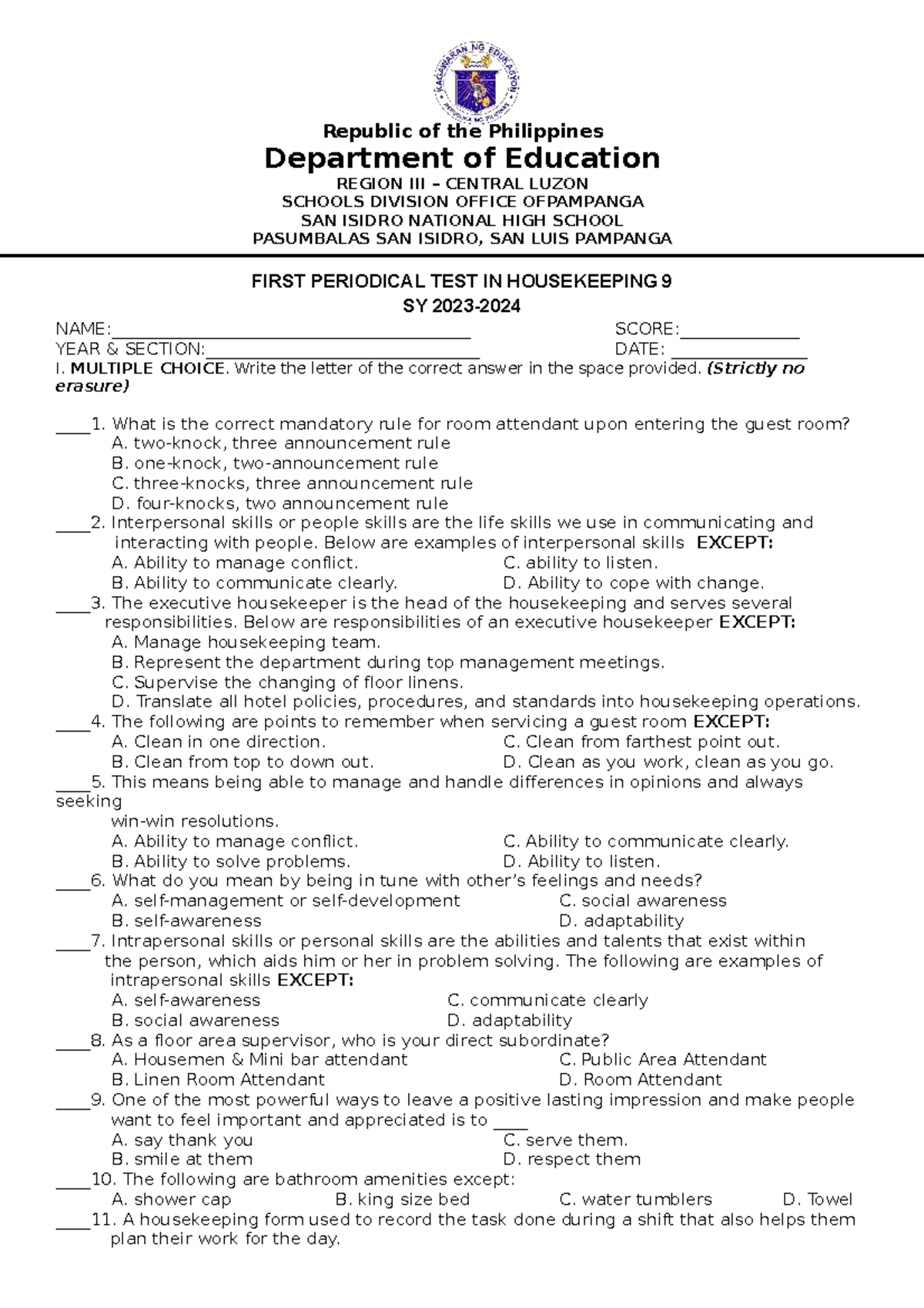 Q1 PT HKS 9 WITH TOS - Periodical Test TLE 9-Housekeeping - Republic of ...