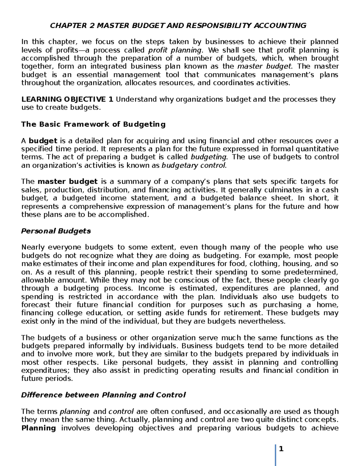 Chapter 2 Master Budget AND Responsibility Accounting - CHAPTER 2 MASTER BUDGET AND ...