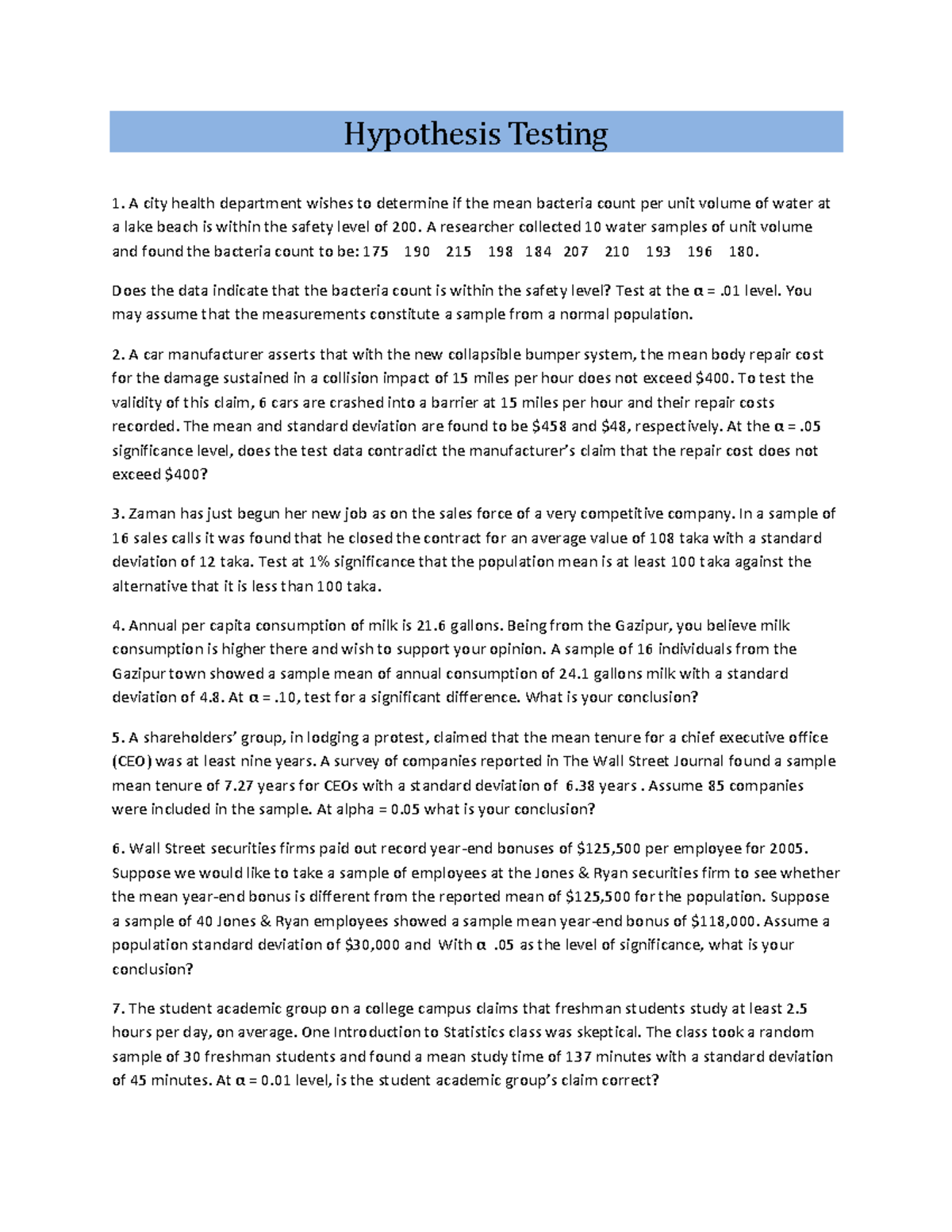 Hypothesis practise sheets for 1 and 2 population mean - Hypothesis ...