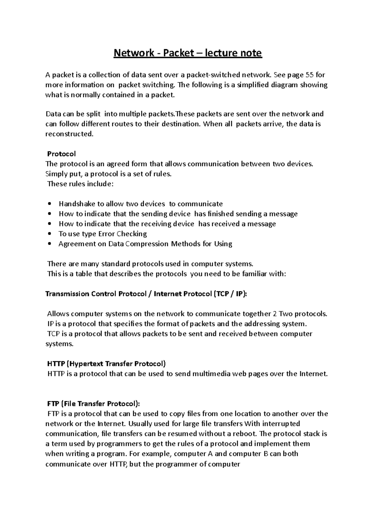 Network - Packet – lecture note - See page 55 for more information on packet switching. The ...
