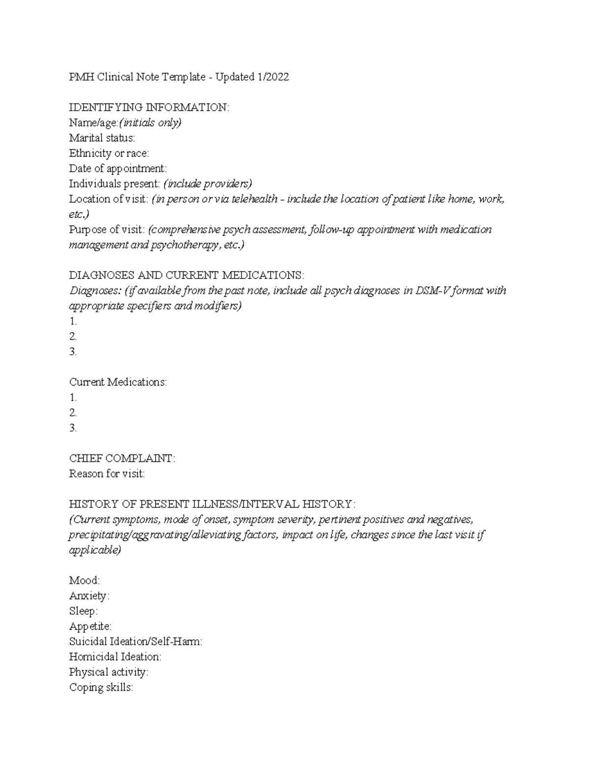 PMH Clinical Note Template - ) Purpose of visit: (comprehensive psych ...