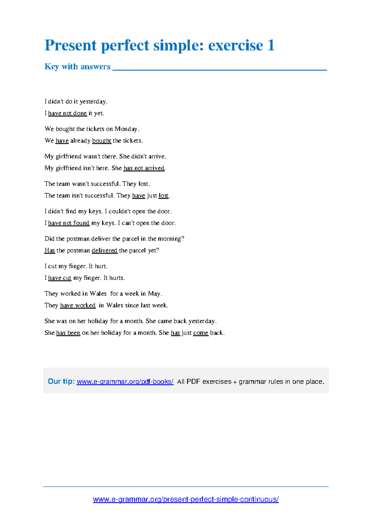 Present perfect simple exercise 1 key - e-grammar/present-perfect ...