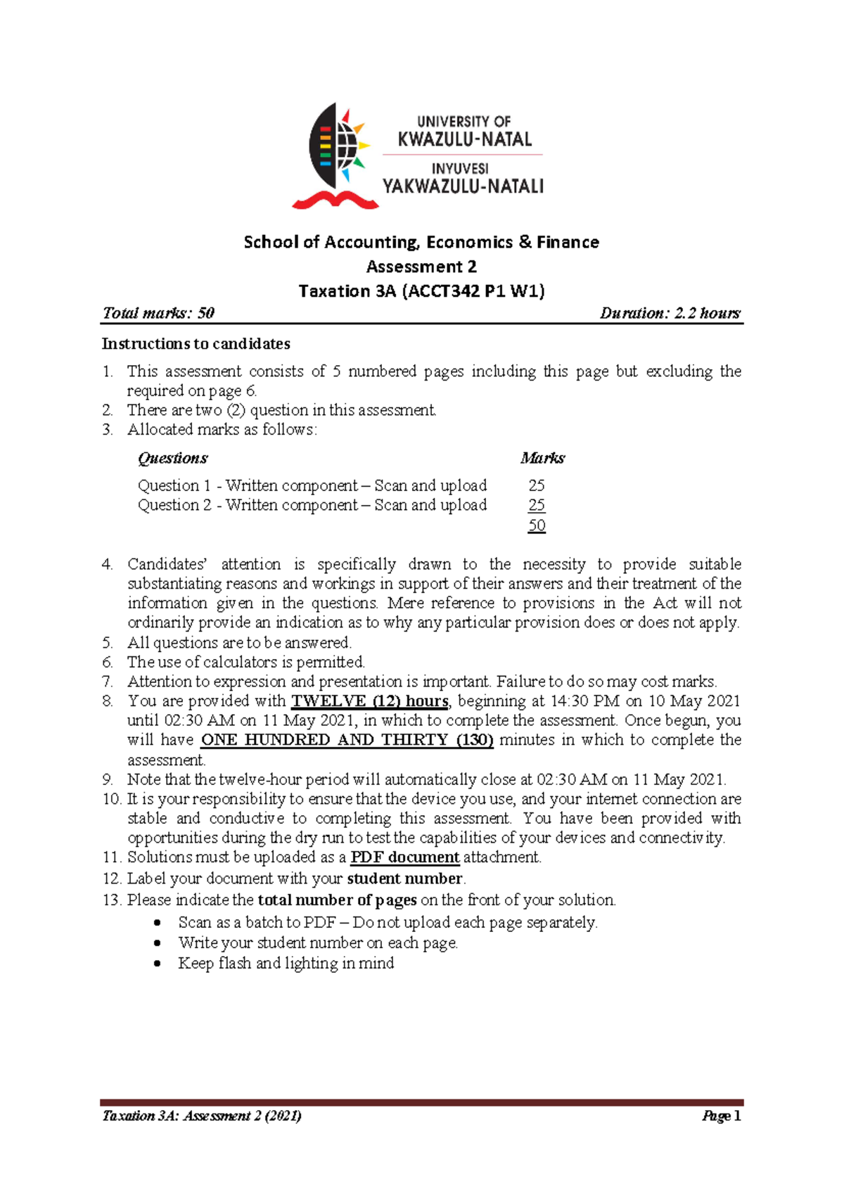 Asses 2 Q - School of Accounting, Economics & Finance Assessment 2 ...
