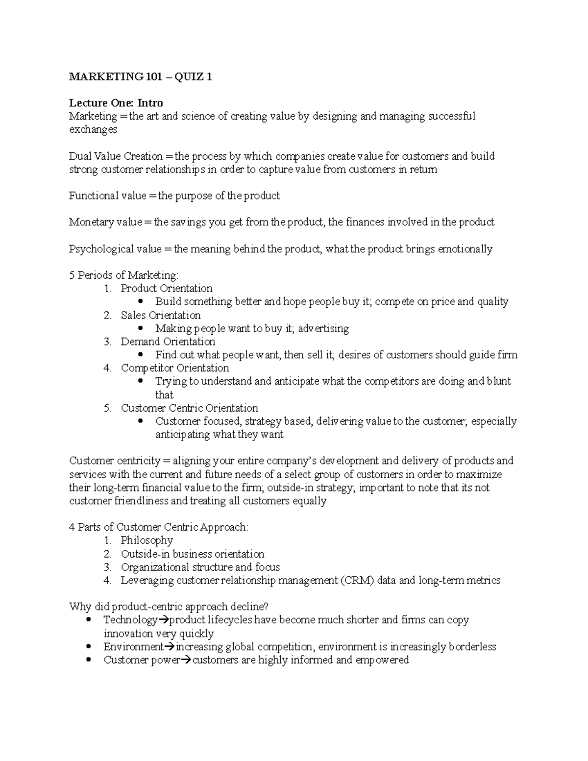Marketing 101 QUIZ 1 Study Guide - MARKETING 101 QUIZ 1 Lecture One ...