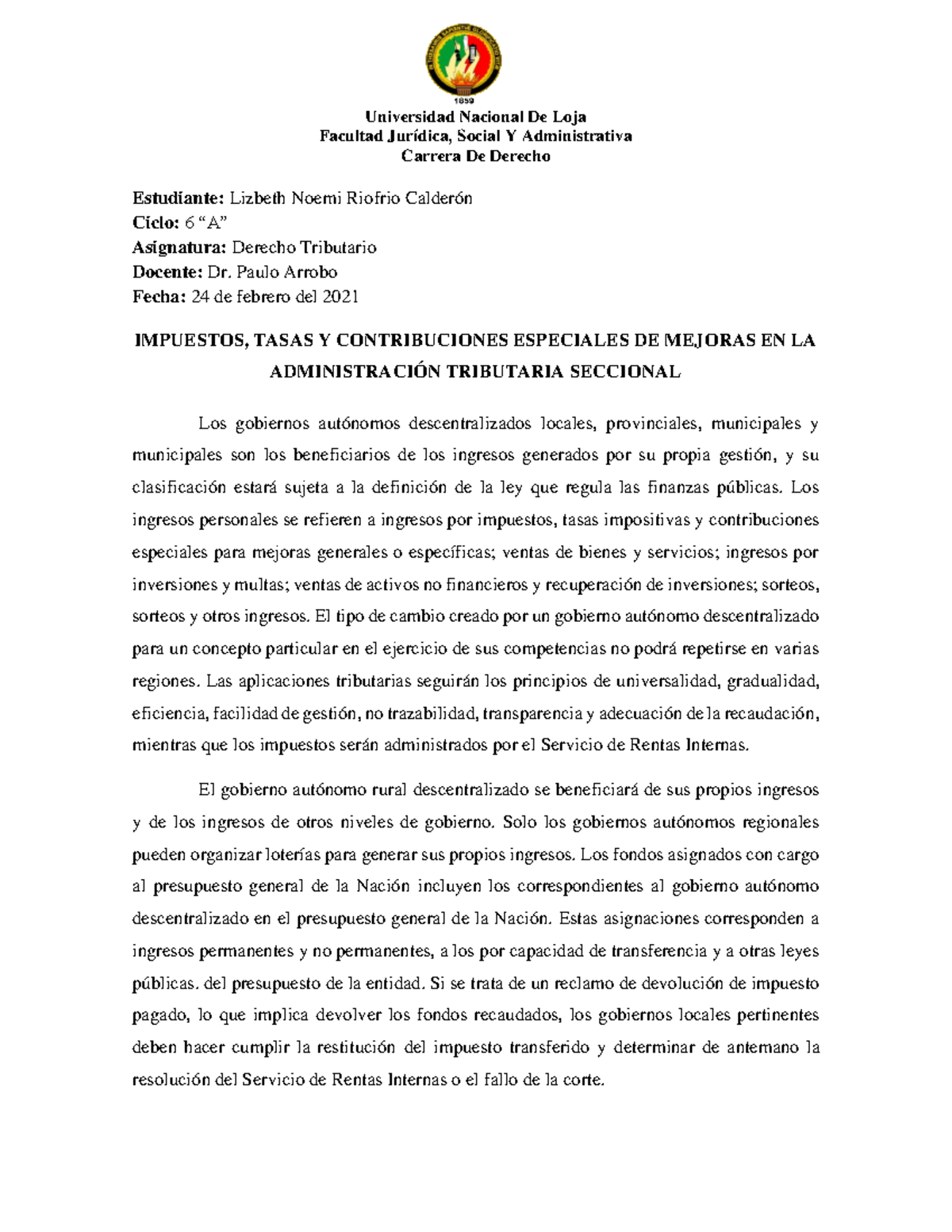 Tasas - Nota: 10/10 - Universidad Nacional De Loja Facultad Jurídica ...