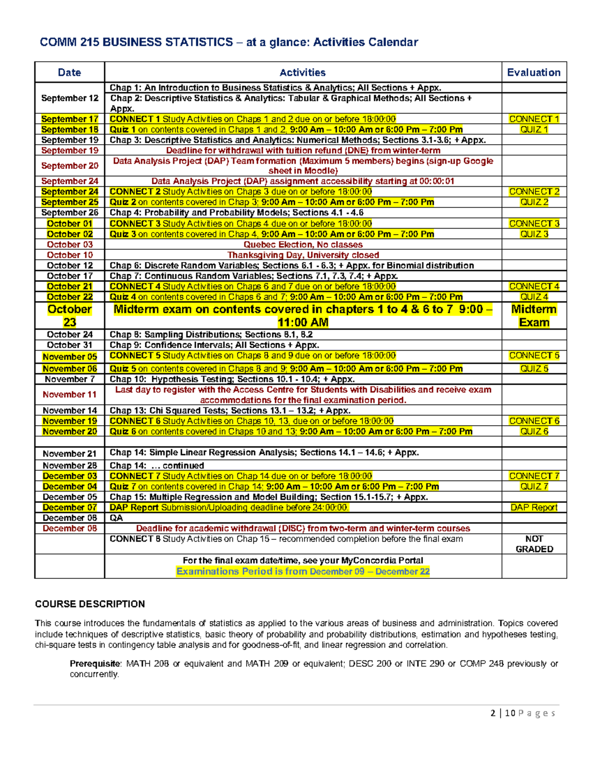 Outline Fall 2022 Sec CC - 2 | 10 Pages COMM 215 BUSINESS STATISTICS 3 ...
