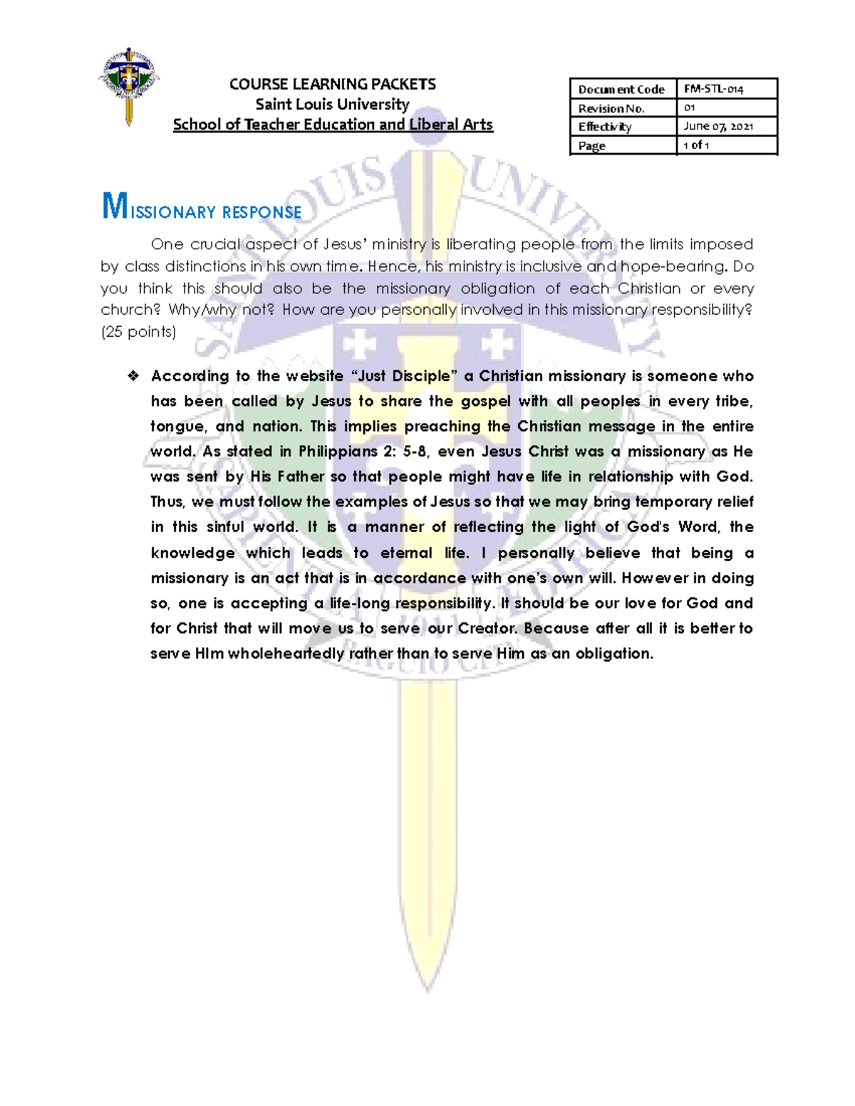 CFE 103 Module 2, Lesson 4 Missionary Response - COURSE LEARNING ...