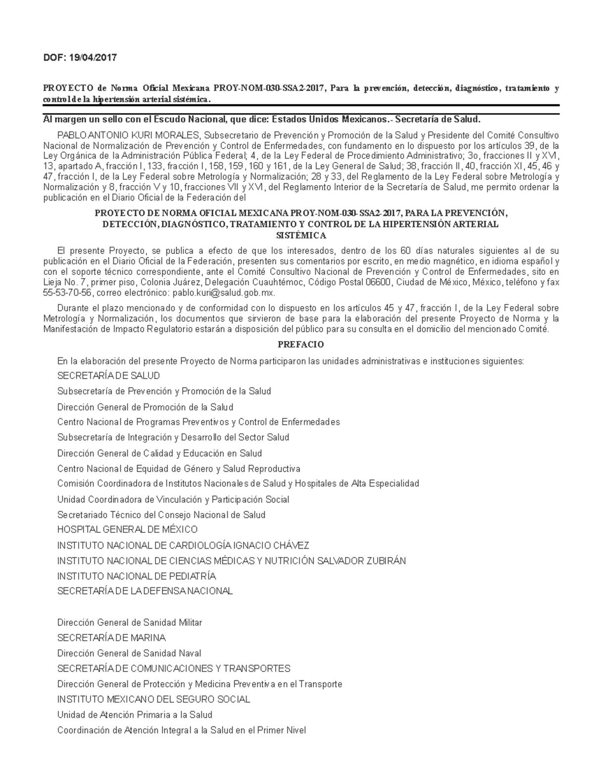 PROY-NOM-030-SSA2-2017 HTA - DOF: 19/04/ PROYECTO de Norma Oficial Mexicana PROY-NOM-030-SSA2 ...