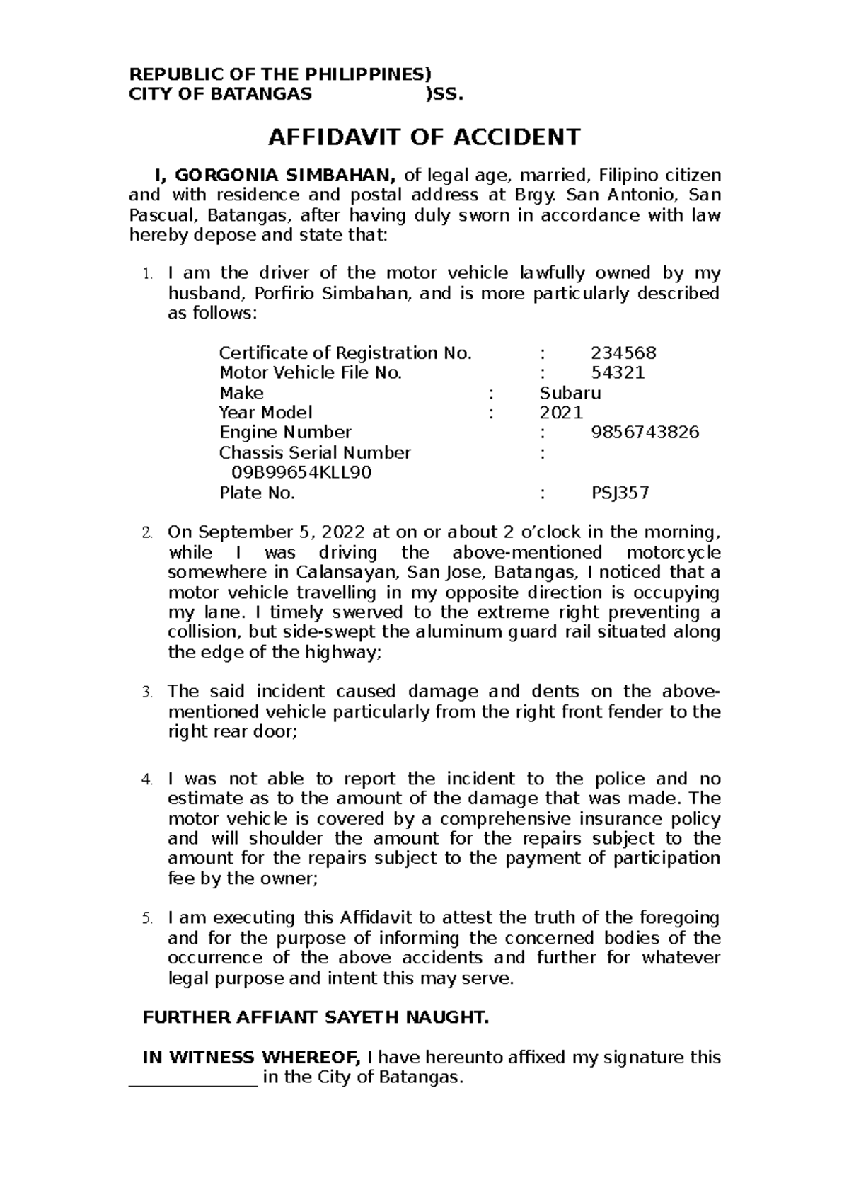Affidavit-of-Accident - REPUBLIC OF THE PHILIPPINES) CITY OF BATANGAS ...