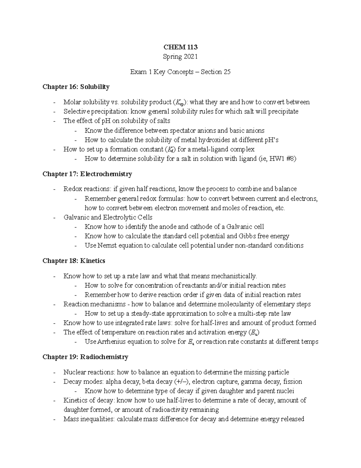 Exam 1 Key Concepts (113-25) - CHEM 113 Spring 2021 Exam 1 Key Concepts ...