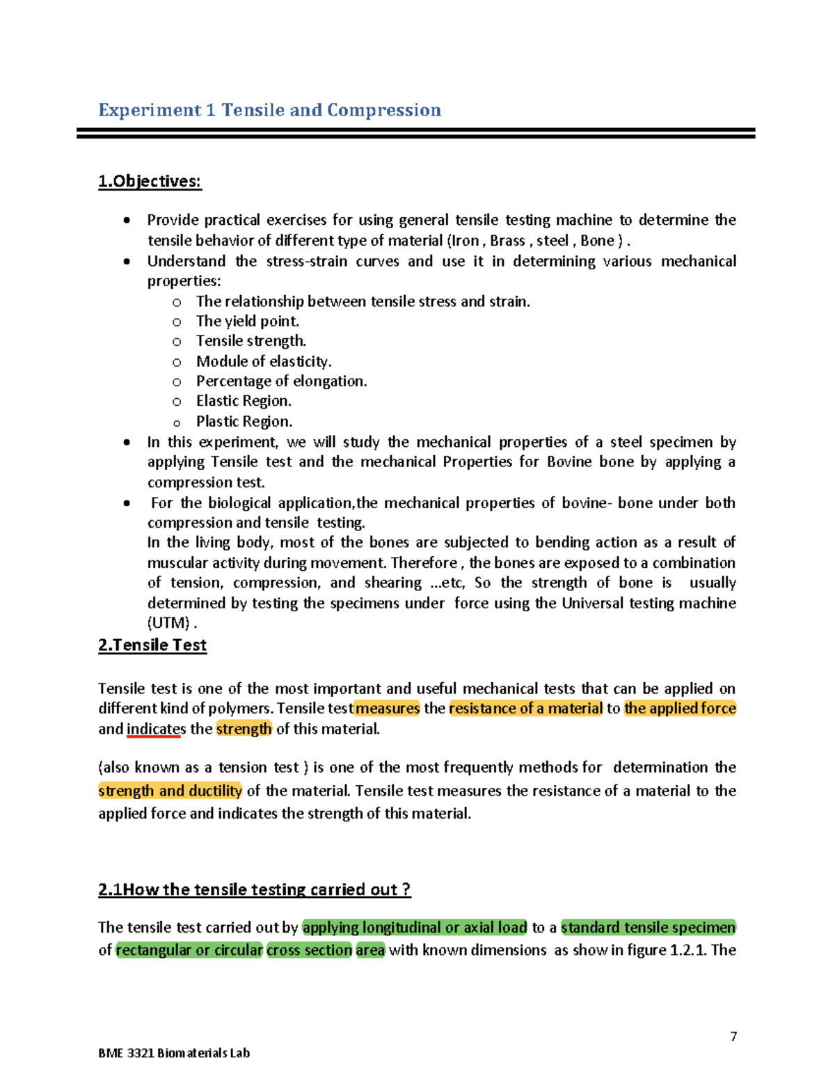 Experiment 1.Tensile test - 7 Experiment 1 Tensile and Compression 1 ...