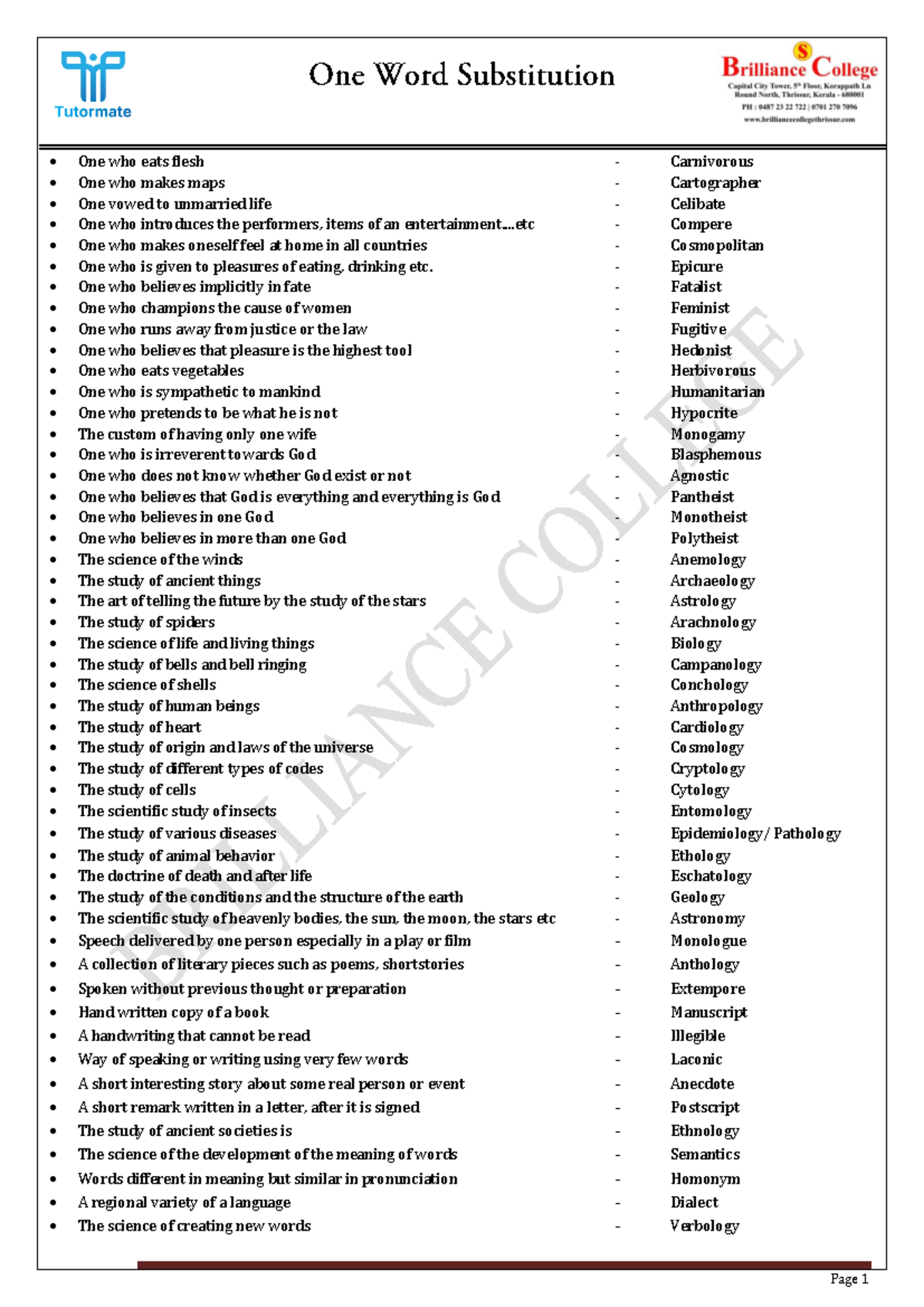 One Word - Vocabulary improvement - Page 1 One who eats flesh ...