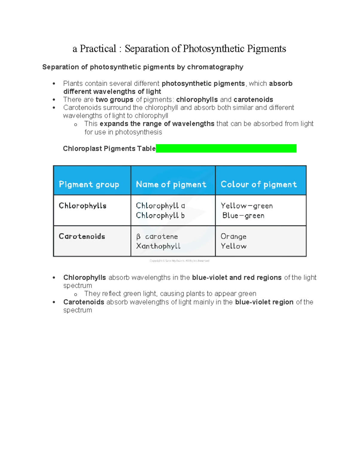 Practical work - a Practical : Separation of Photosynthetic Pigments ...