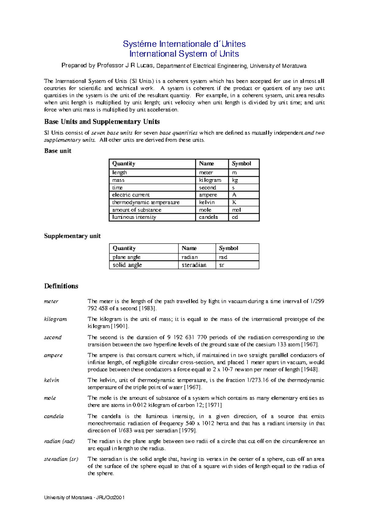 SIUnits note - Internationale International System of Units Prepared ...
