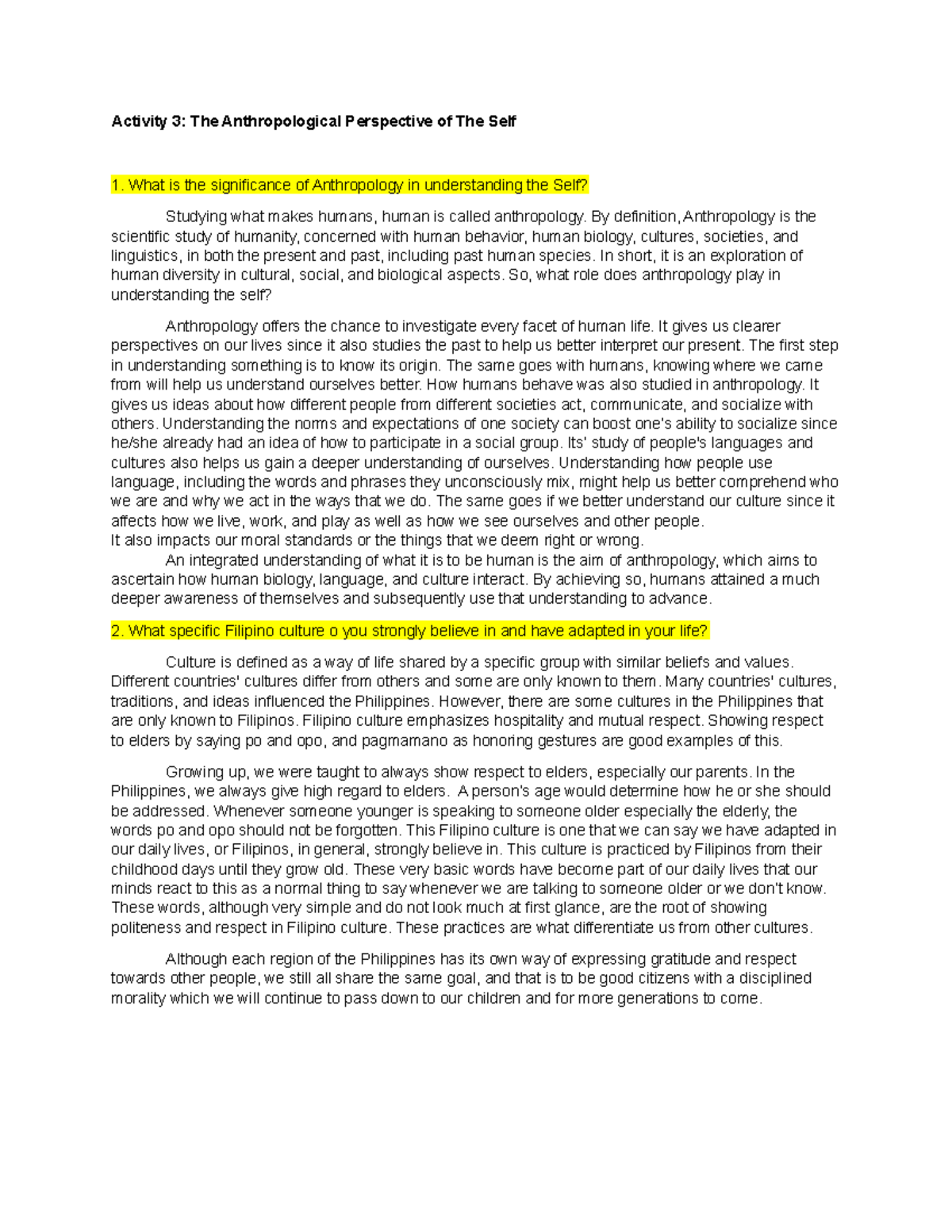 Activity 3 The Anthropological Perspective of The Self - By definition ...