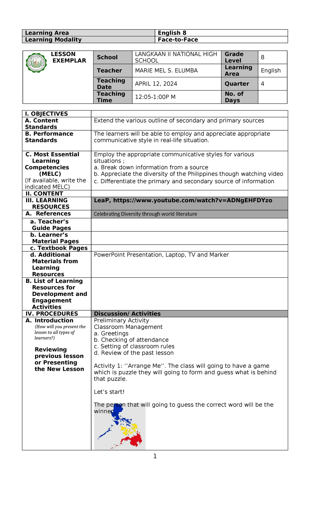 LP Outline - ENGLISH 8 - Learning Area English 8 Learning Modality Face ...