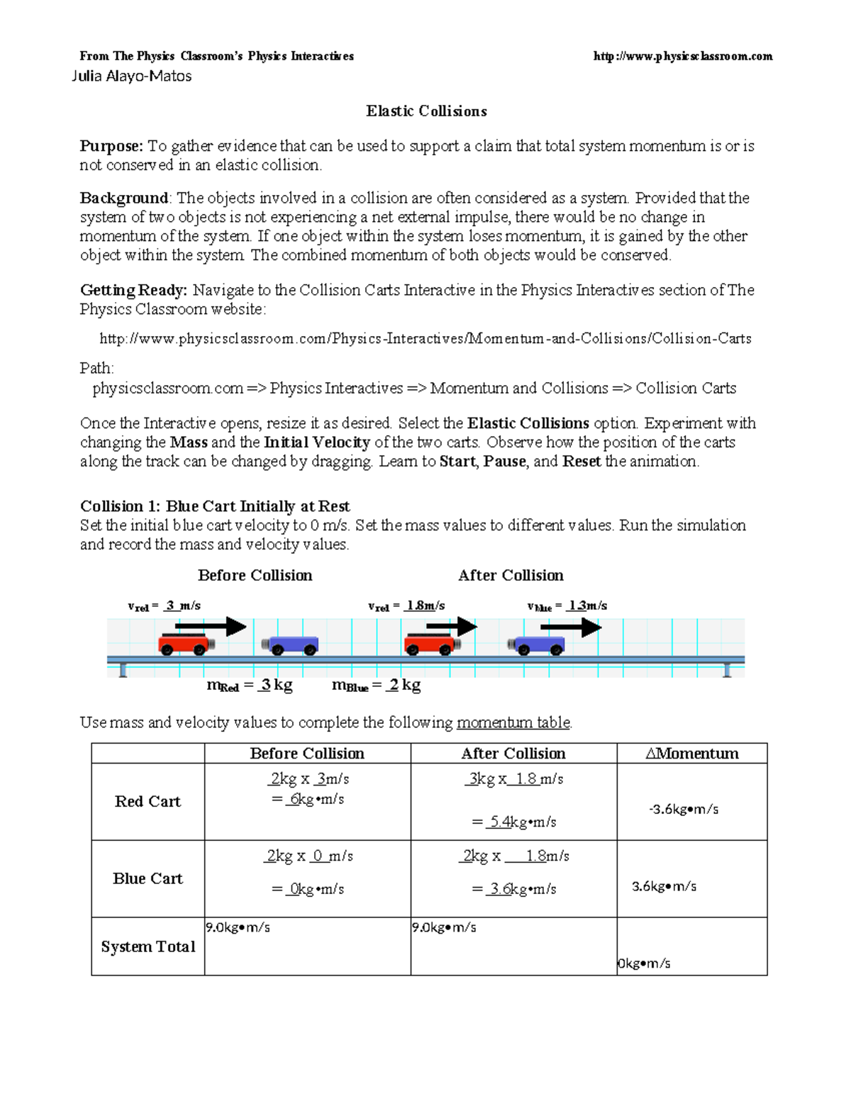 Activity Elastic Collisions - From The Physics Classroom’s Physics ...