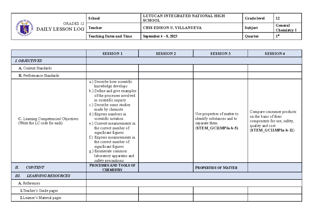 DAily Lesson Log - GRADES 12 DAILY LESSON LOG School LUTUCAN INTEGRATED ...