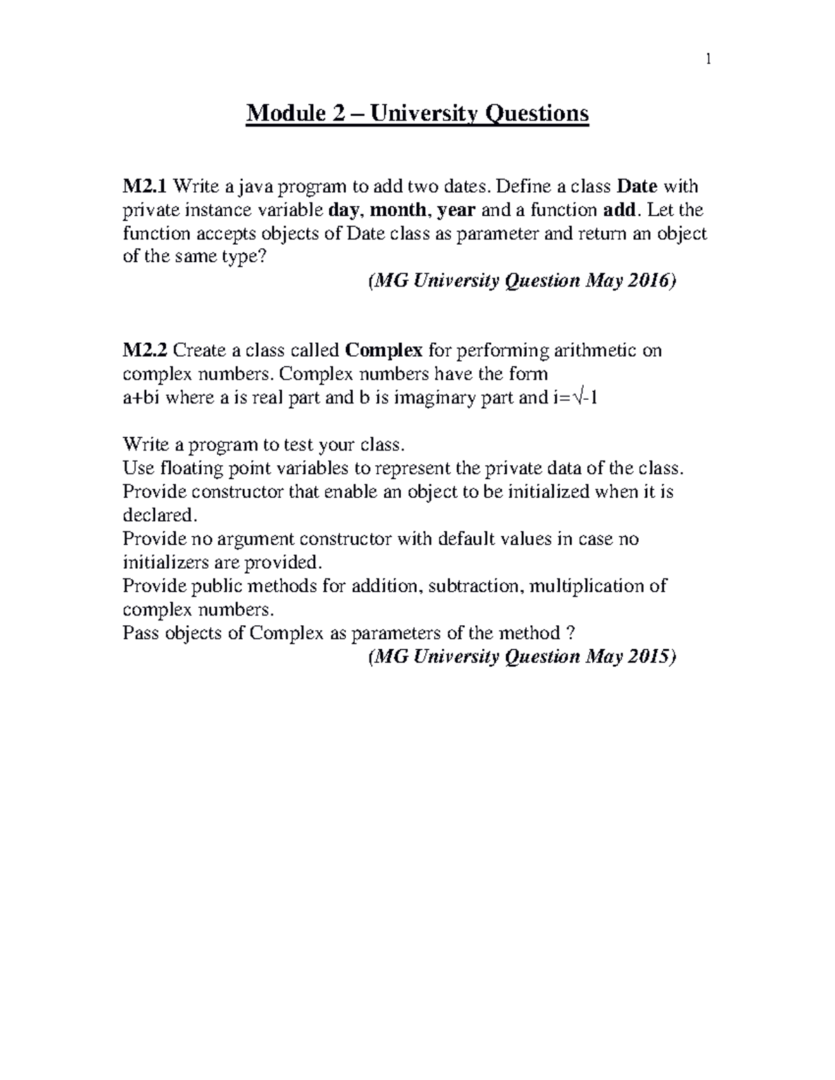 Module 2 Workout Work Out Quetions On Java Programs Complex Numbers Arithemetics 1 Module 2