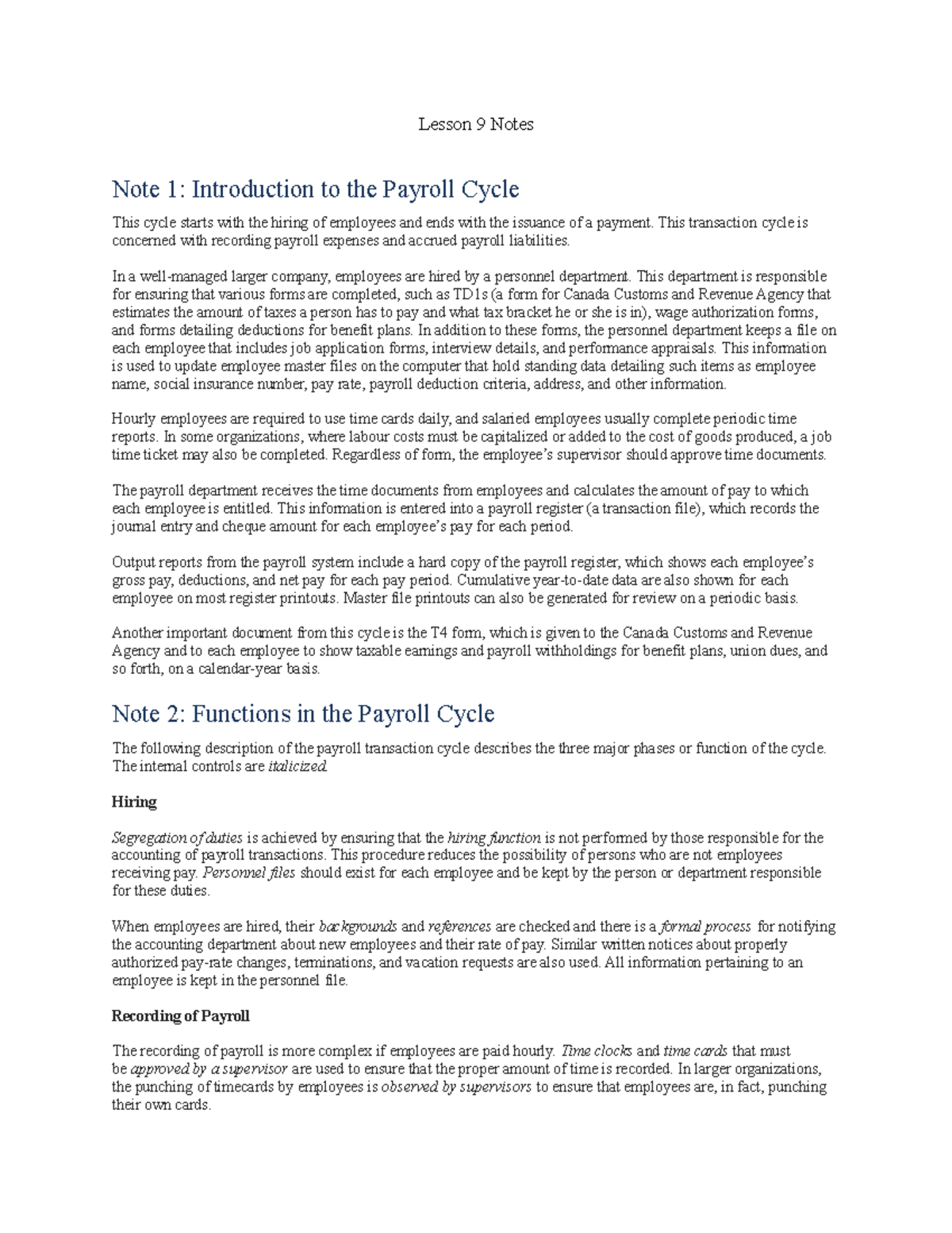 Lesson 9 Notes - Lesson 9 Notes Note 1: Introduction to the Payroll ...