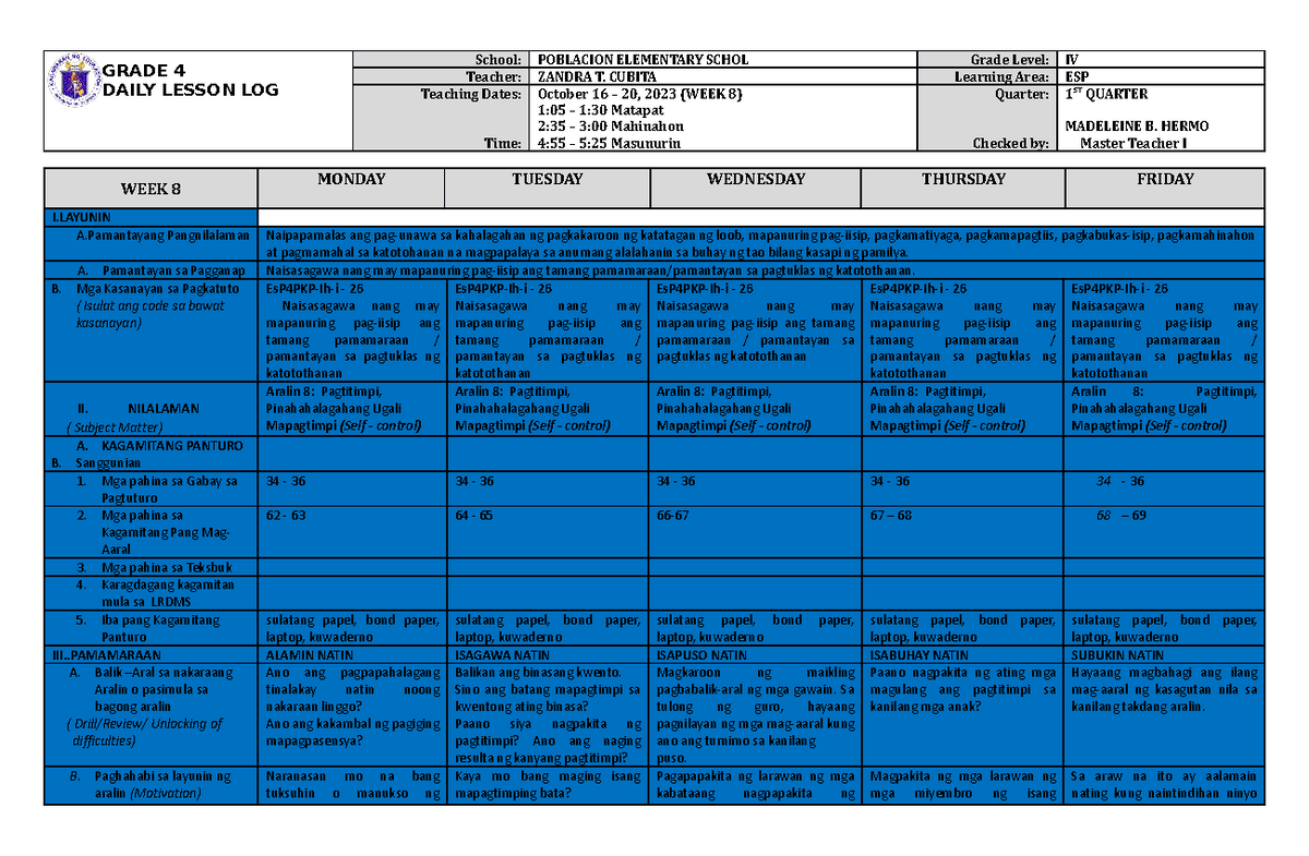 DLL ESP-4 Q1 W8 - ESP - GRADE 4 DAILY LESSON LOG School: POBLACION ...
