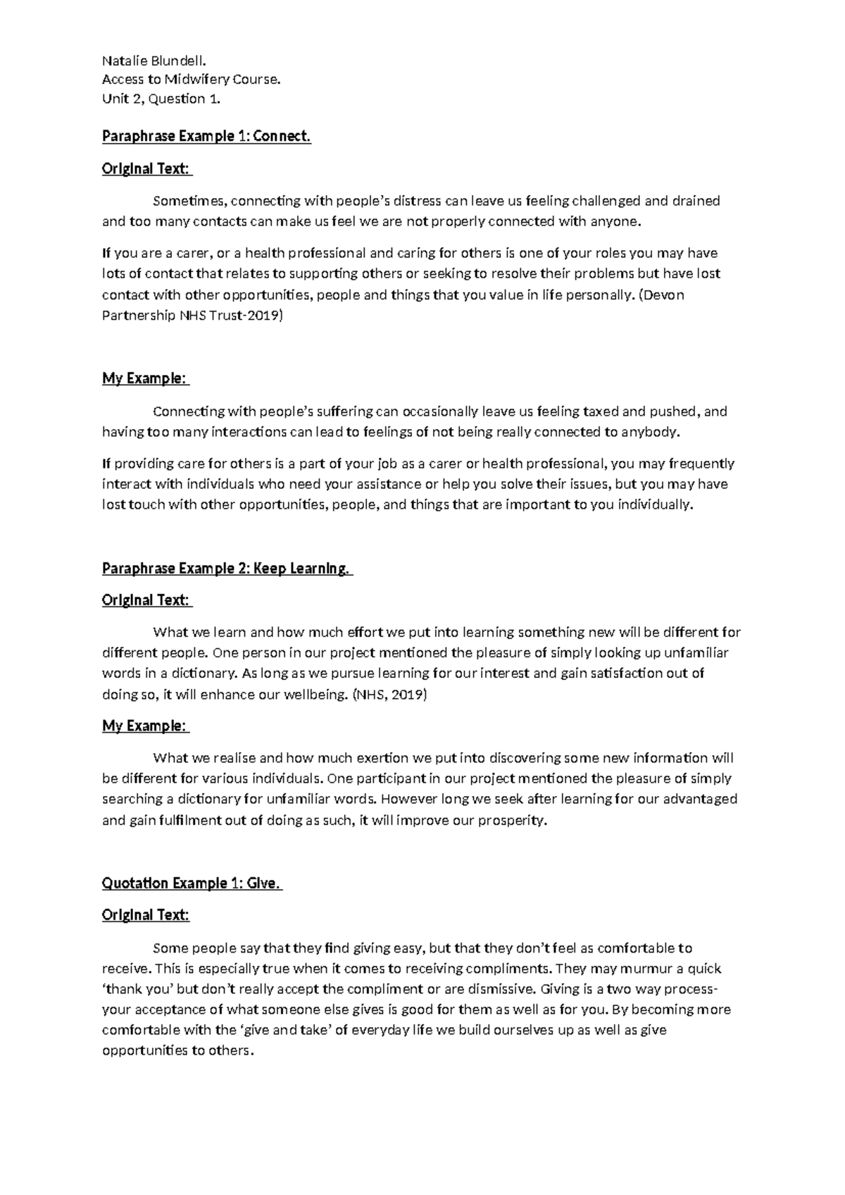 Unit 2 Question 1 - Academic Writing Skills - Natalie Blundell. Access to Midwifery Course. Unit ...