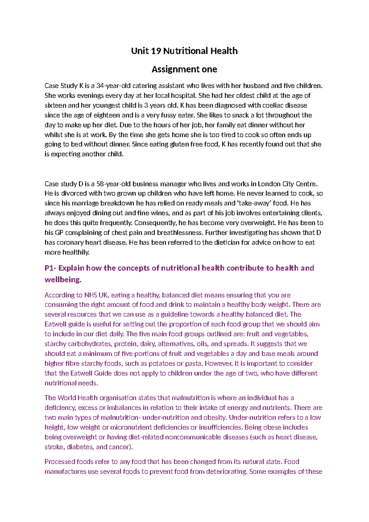Unit 19 Nutritional Health Assignment 1 - She works evenings every day ...