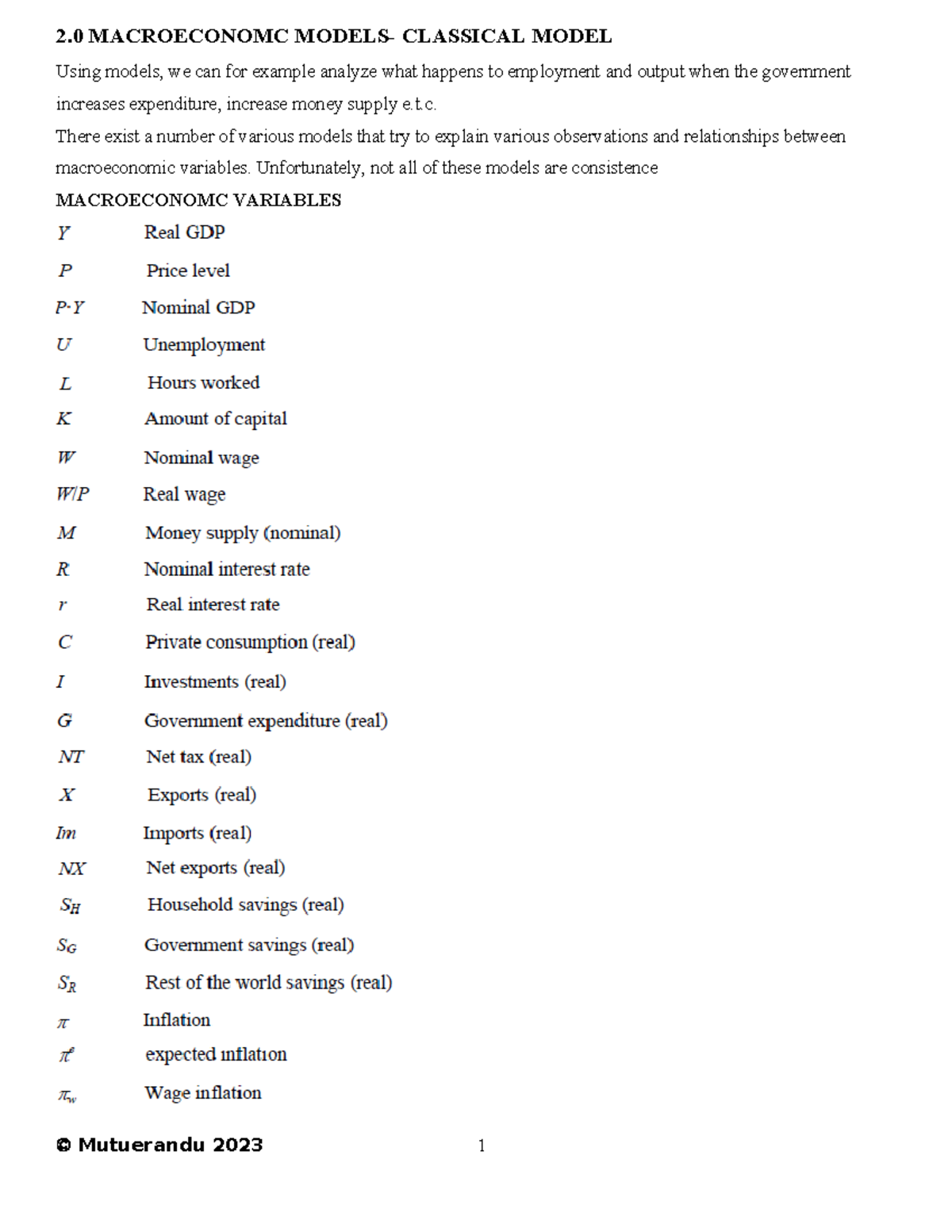ECON 222 Topic 2 Handout 2024 - 2 MACROECONOMC MODELS- CLASSICAL MODEL ...