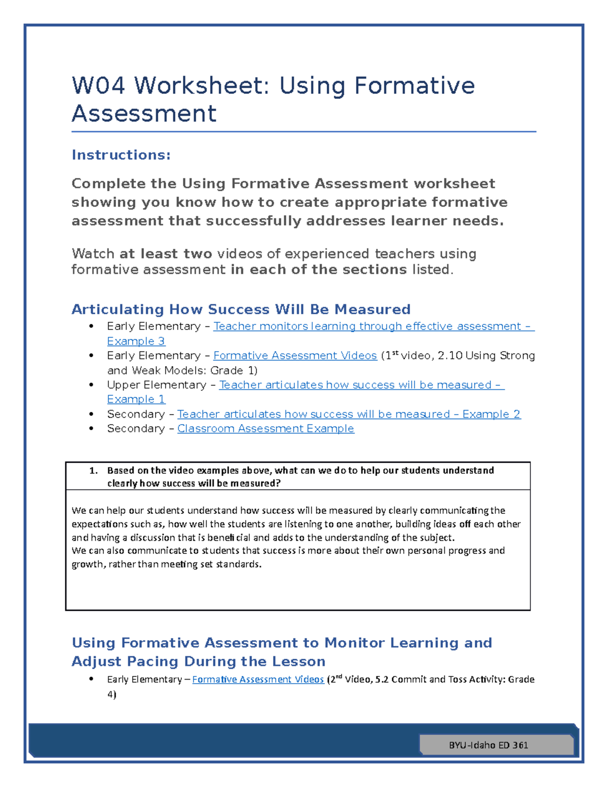 ED361 Using Formative Assessment - W04 Worksheet: Using Formative ...