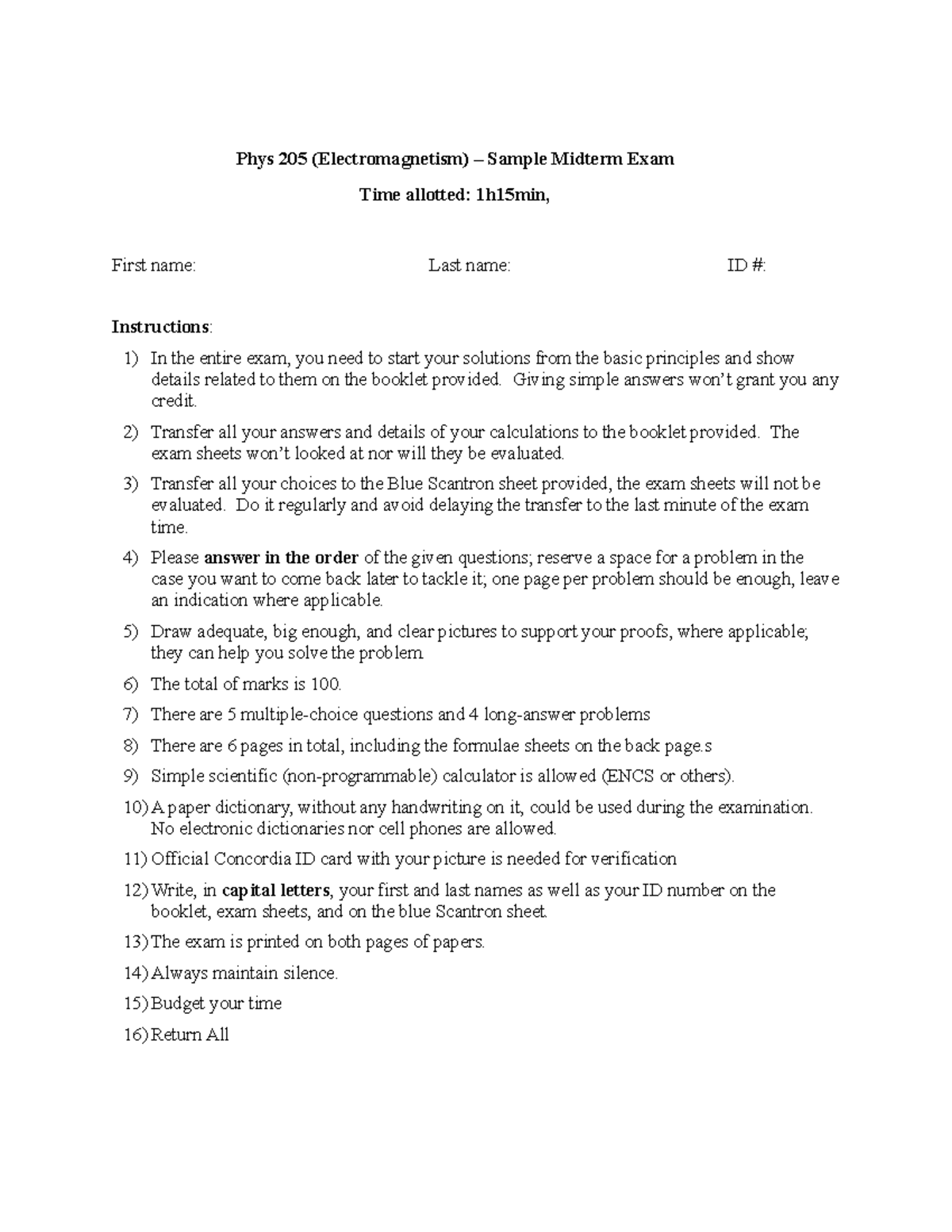 PHYS205 - Winter 2023 - Sample Midterm - Phys 205 (Electromagnetism) – Sample Midterm Exam Time ...