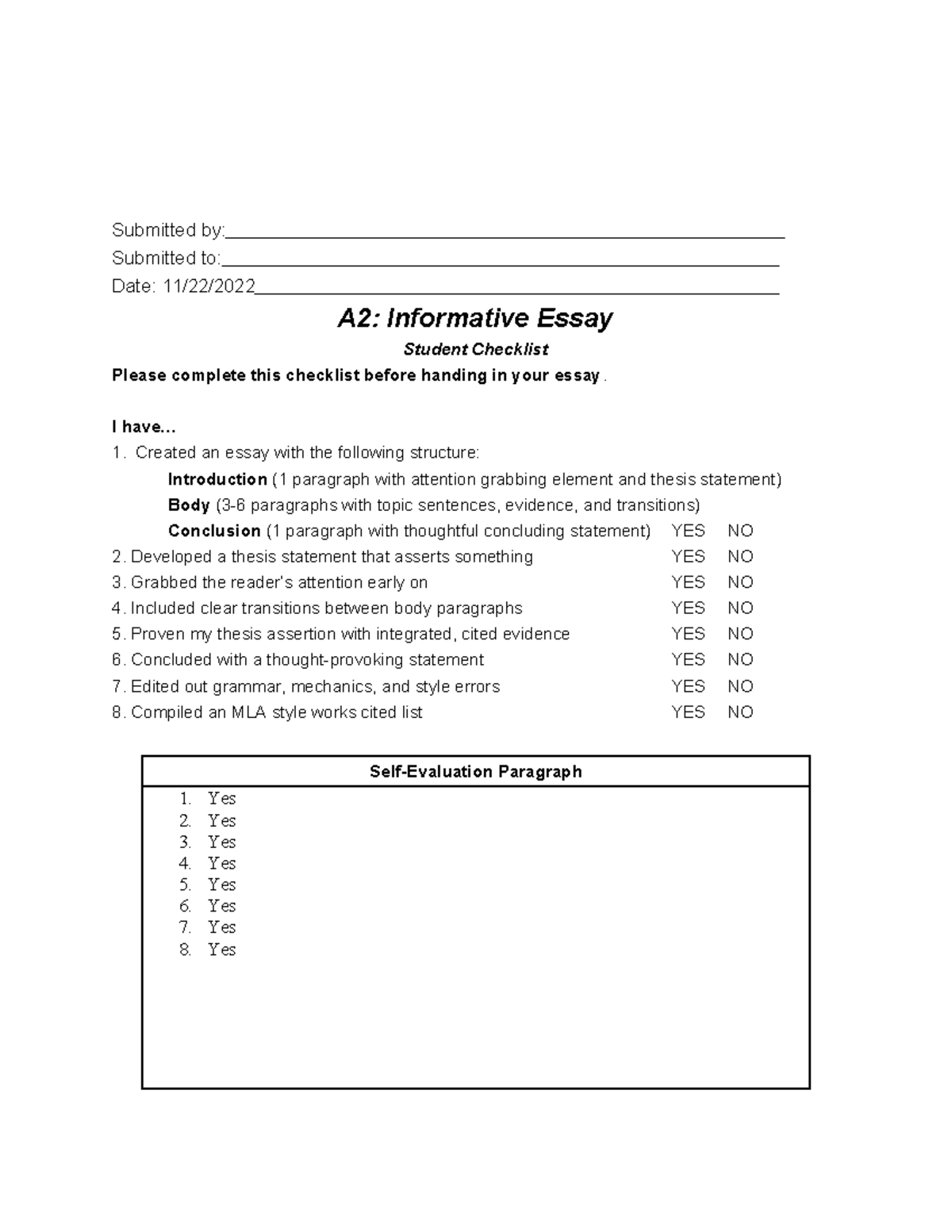 Essay 2 - Submitted by: Submitted to: Date: 11/22/ A2: Informative ...