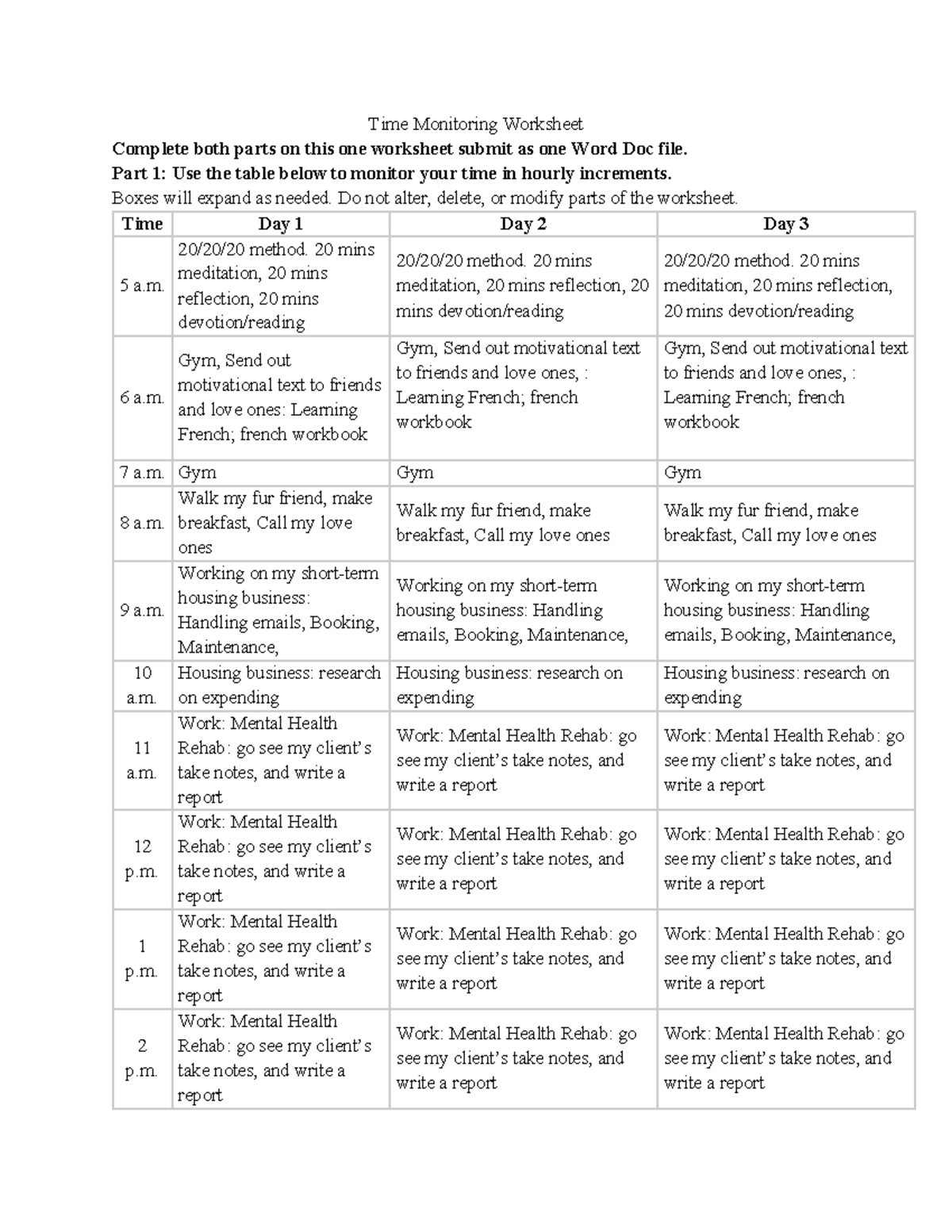 Time Monitoring Worksheet - Time Monitoring Worksheet Complete both ...