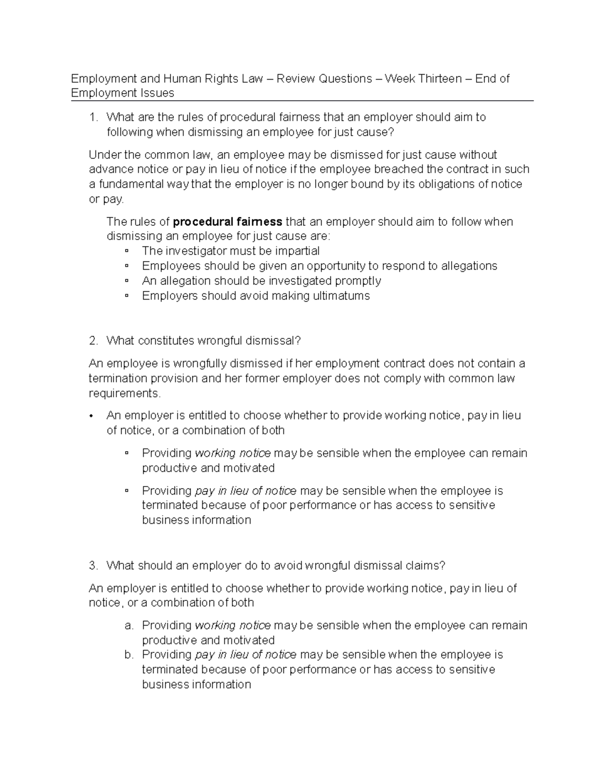 Review Questions - Week 13 - End of Employment Issues - Employment and ...