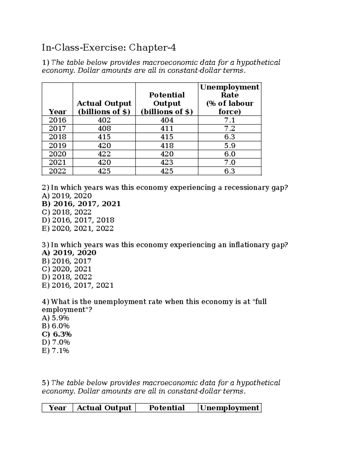 Exercise-chapter-4 - Ec140 - In-Class-Exercise: Chapter- The table below provides macroeconomic ...