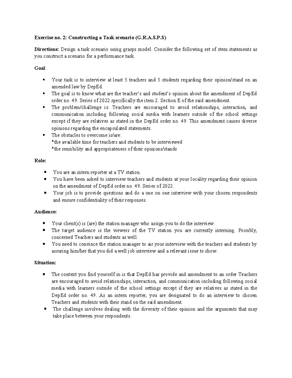 Group 3 Grasps - Summary BSEd-English - Exercise no. 2: Constructing a Task scenario (G.R.A.S.P ...