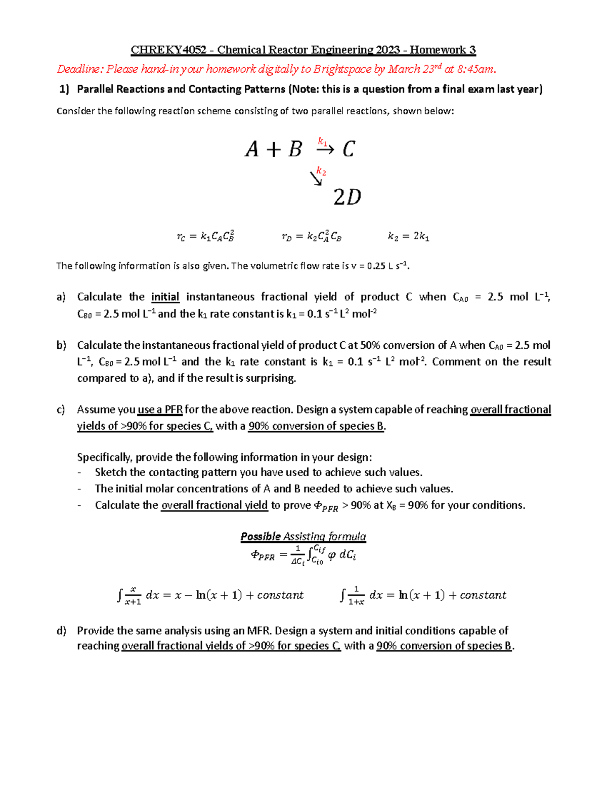 HW3 - CRE 2023 - Solutions corrected - CHREKY4052 - Chemical Reactor ...