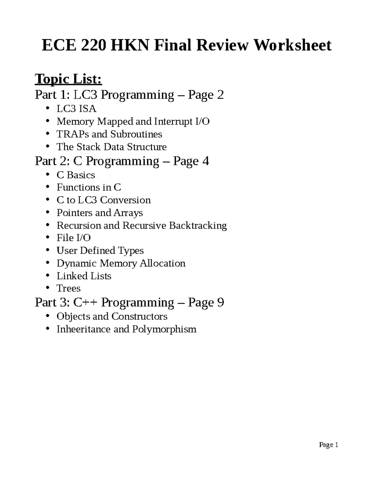 Solutions - ECE220 - practice - ECE 220 HKN Final Review Worksheet Topic List: Part 1: LC3 - Studocu
