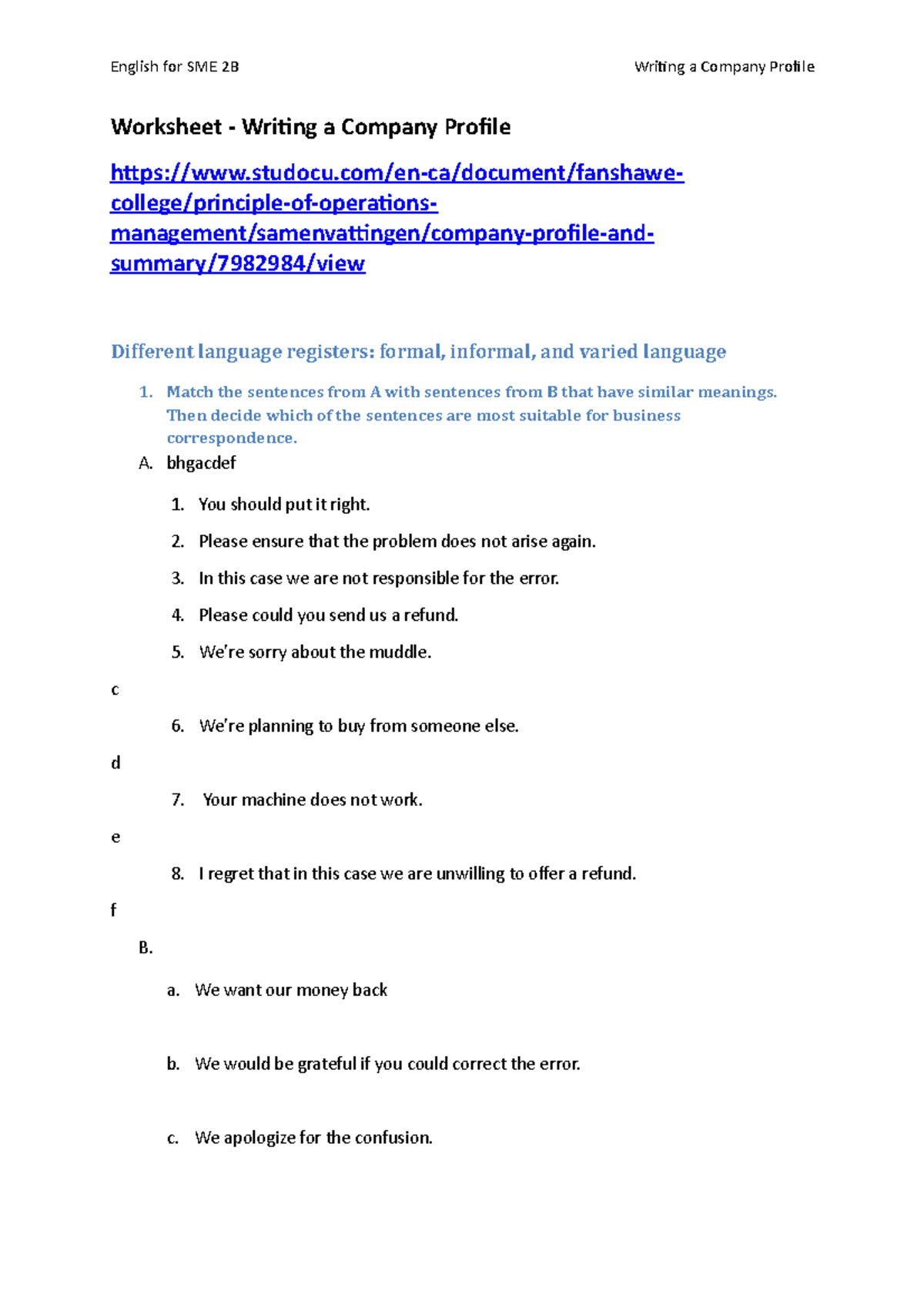 Live @ Home 2Writing A Company Profile - Worksheet - Writing a Company ...