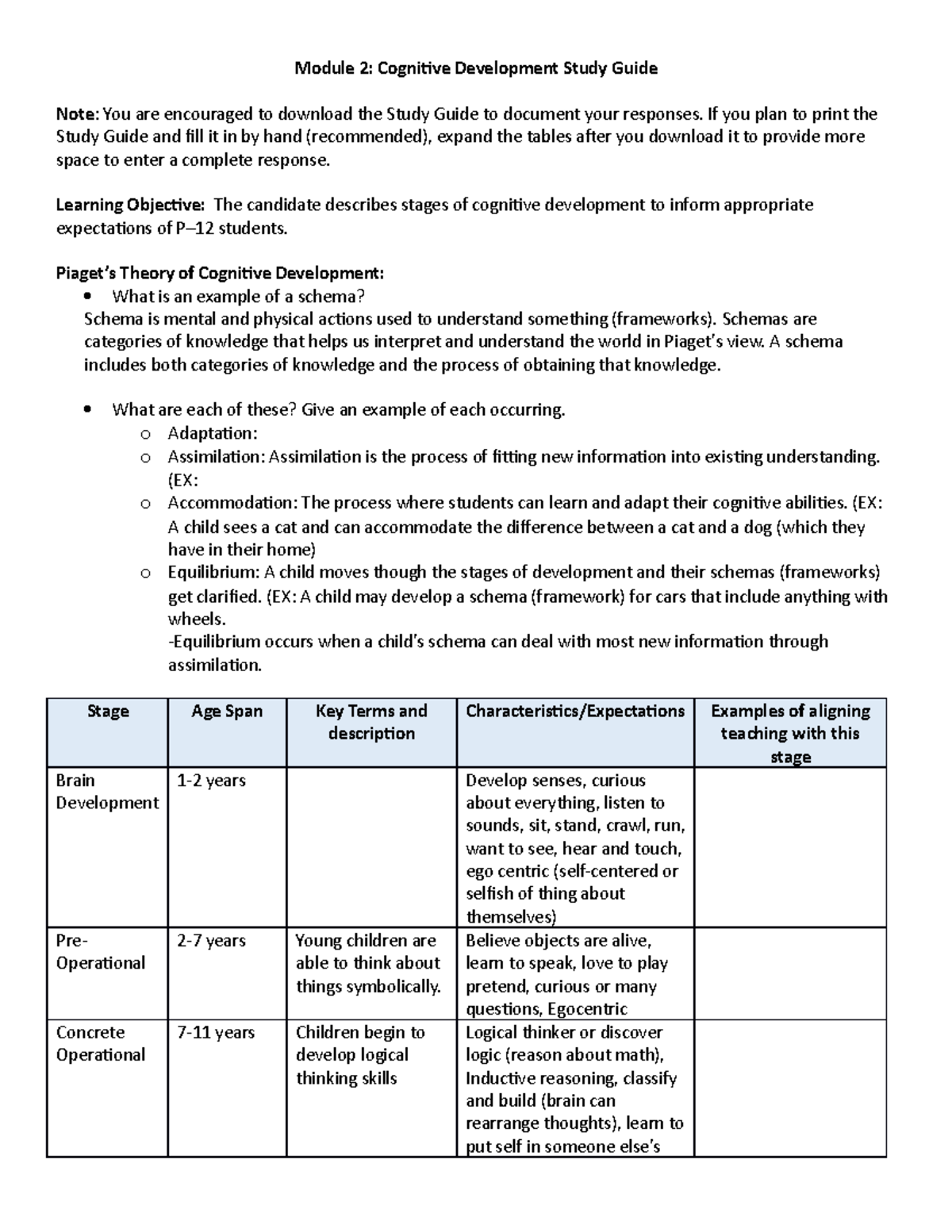 D307 M2 Study Guide - Module 2: Cognitive Development Study Guide Note ...