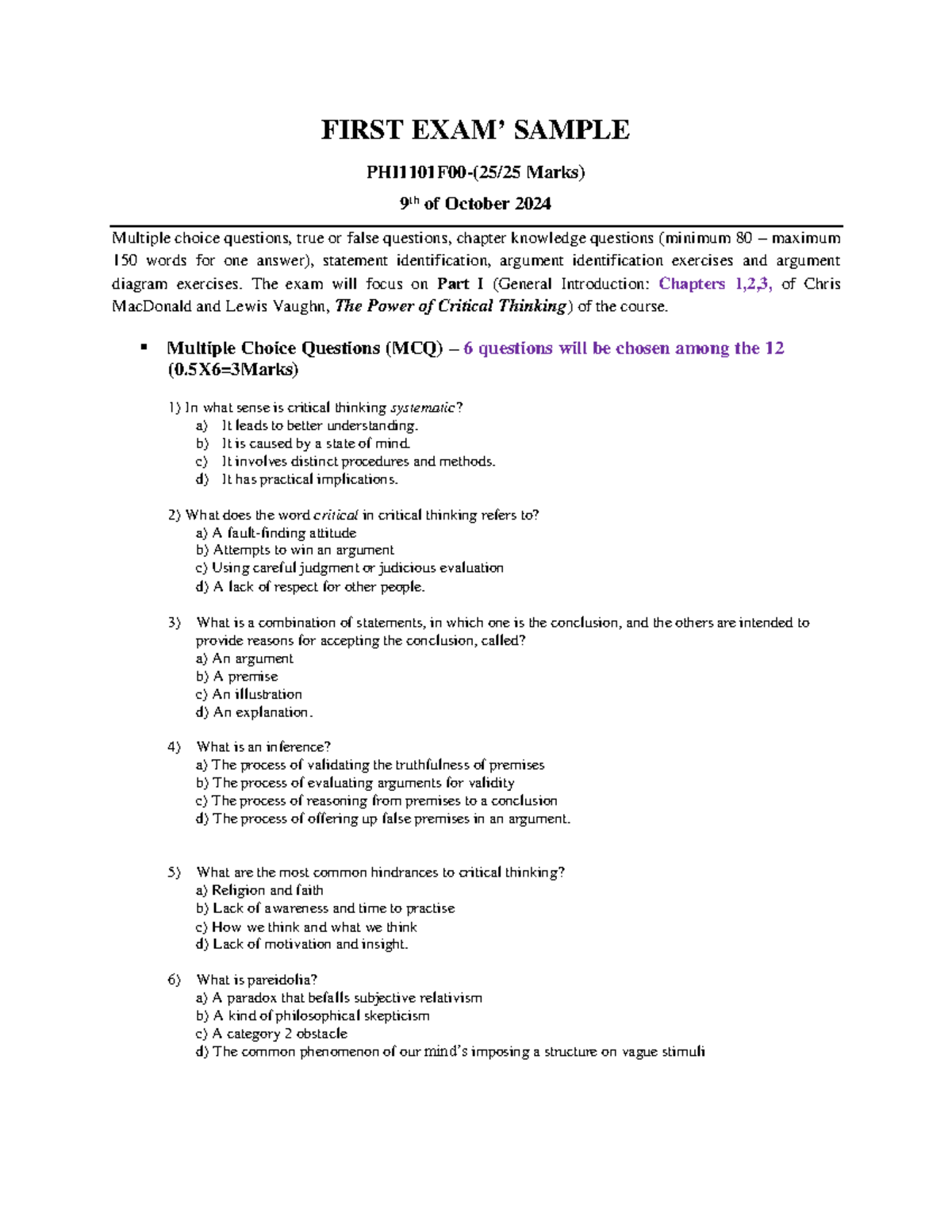 Philosophy Midterm 1 - FIRST EXAM’ SAMPLE PHI1101F00-(25/25 Marks) 9 th of October 2024 Multiple ...