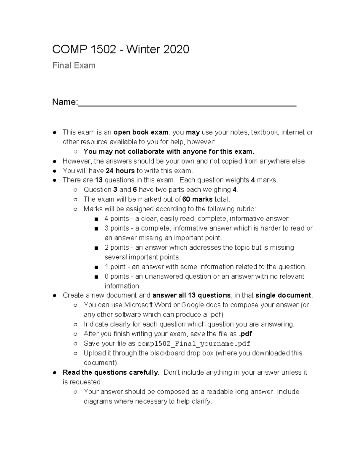 Final 15 April 2020, questions - COMP 1502 - Winter 2020 Final Exam ...