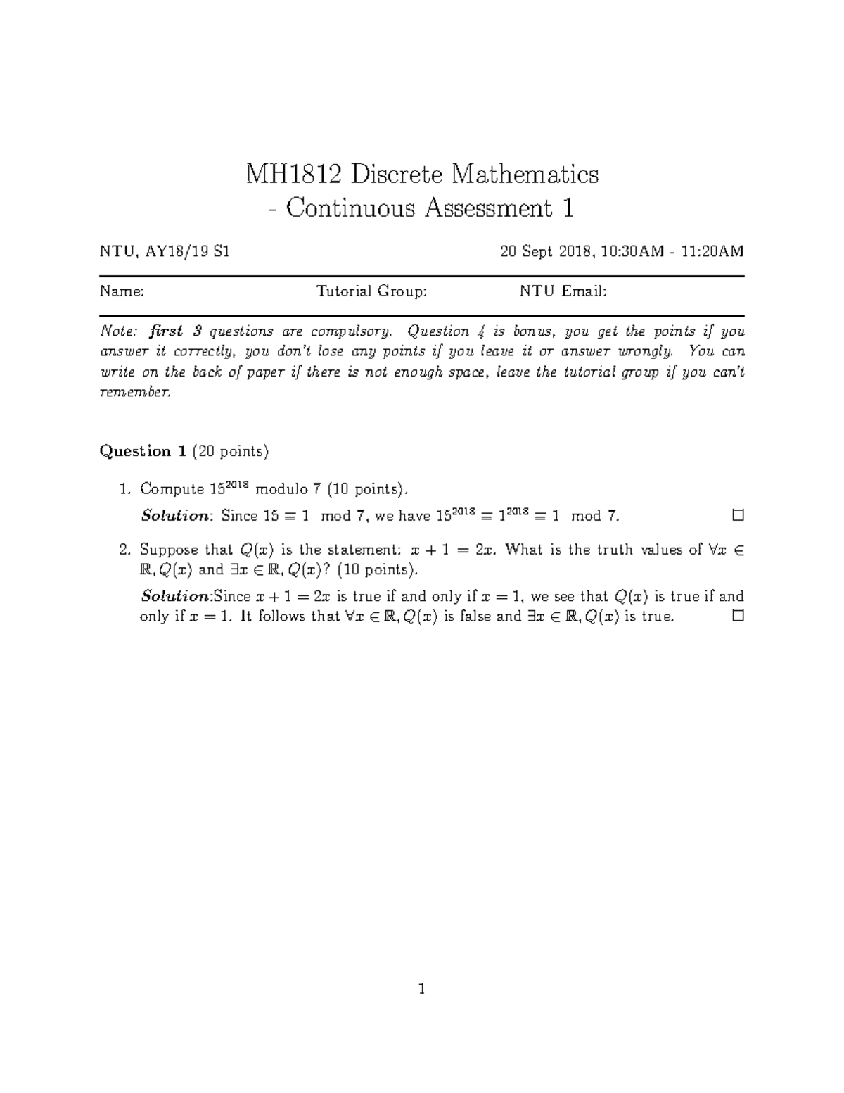 CA 1 2018 Solution - MH1812 Discrete Mathematics - Continuous Assessment 1 NTU, AY18/19 S1 20 ...