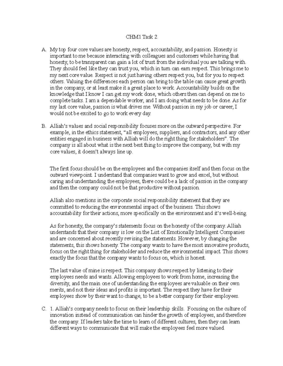 CHM1 Task 2 - Passing score. - CHM1 Task 2 A. My top four core values ...