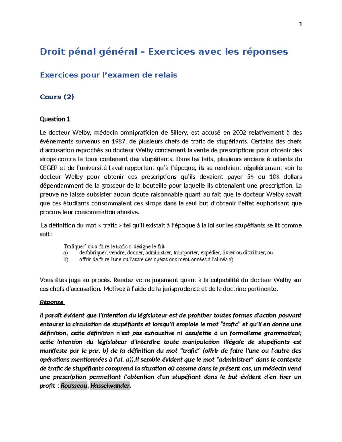 Exercices avec les réponses 2024 - Droit pénal général – Exercices avec ...