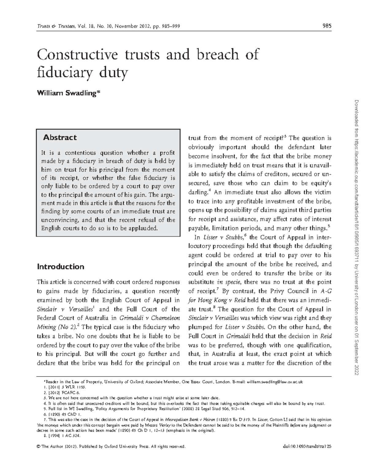 Constructive Trust and Breach of Fiduciary Duty (William Swadling ...
